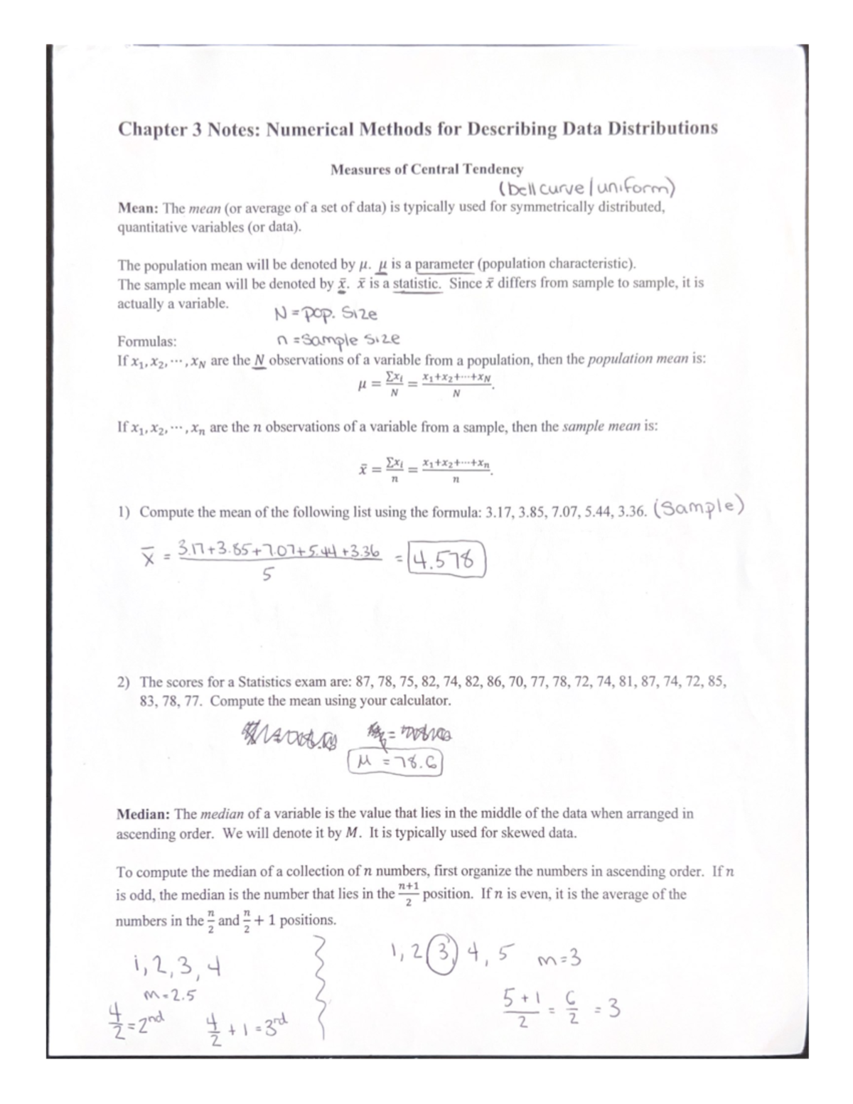 Math 246, Chapter 3 Notes Numerical Methods for Describing Data ...