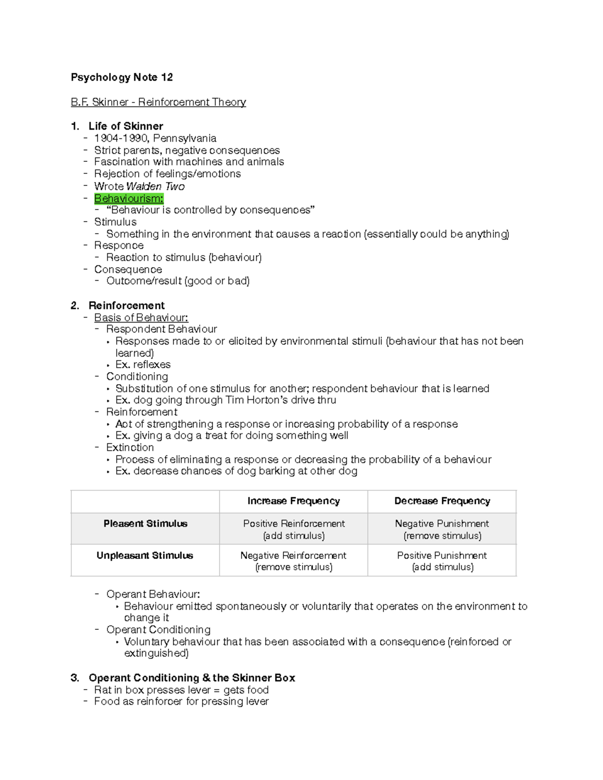 Psychology - B.F. Skinner - Psychology Note 12 B. Skinner ...