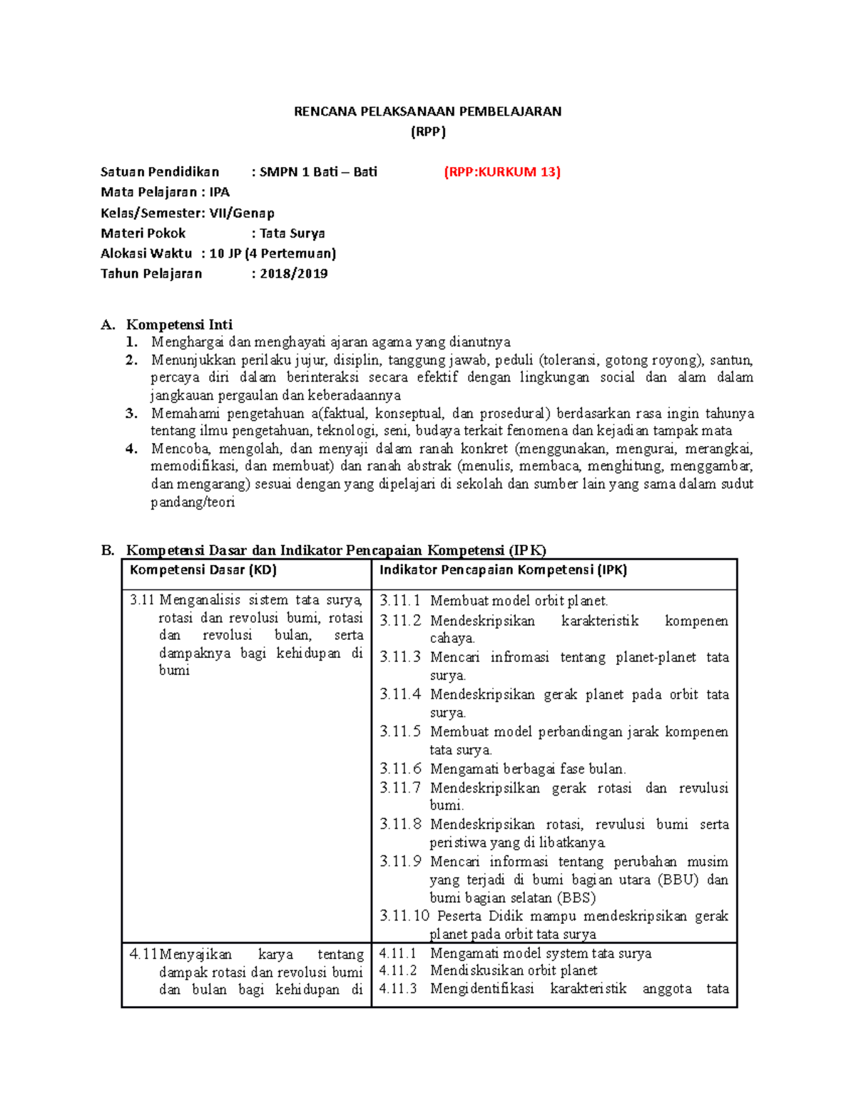 RPP K13 - Good Luck - RENCANA PELAKSANAAN PEMBELAJARAN (RPP) Satuan ...