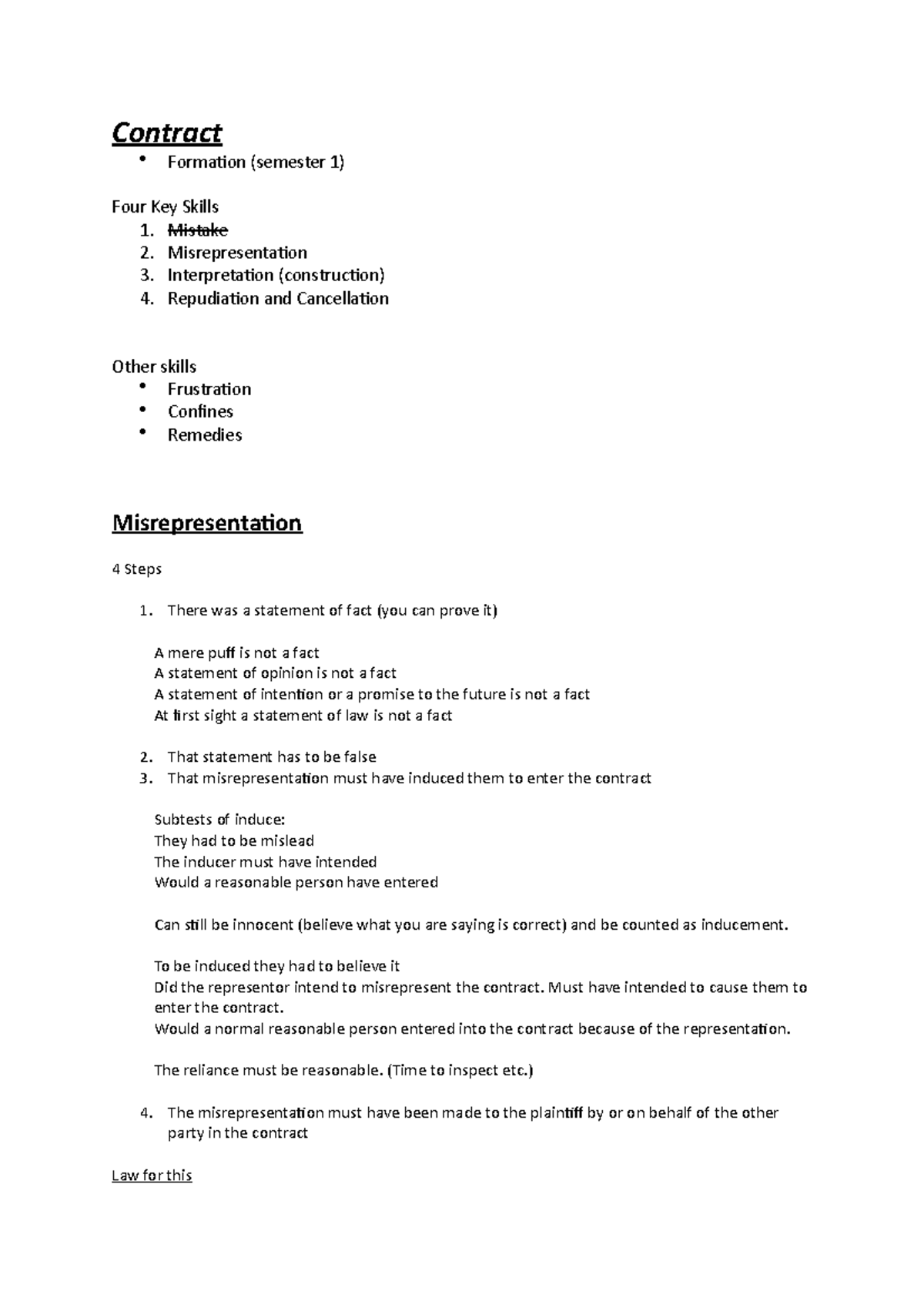 Contract 2020 Final Notes - Contract Formation (semester 1) Four Key ...