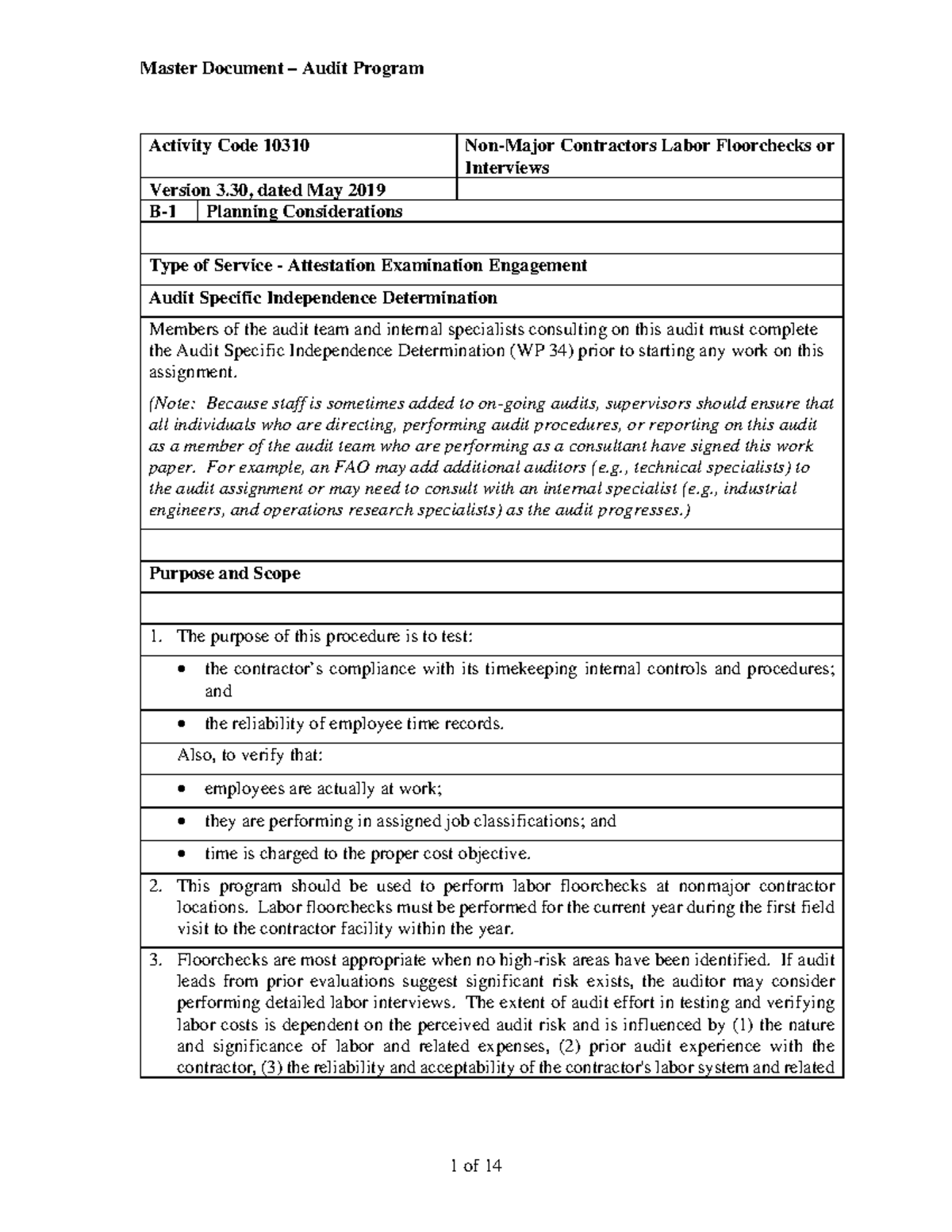 Simple Audit Program Template - Activity Code 10310 Non-Major ...