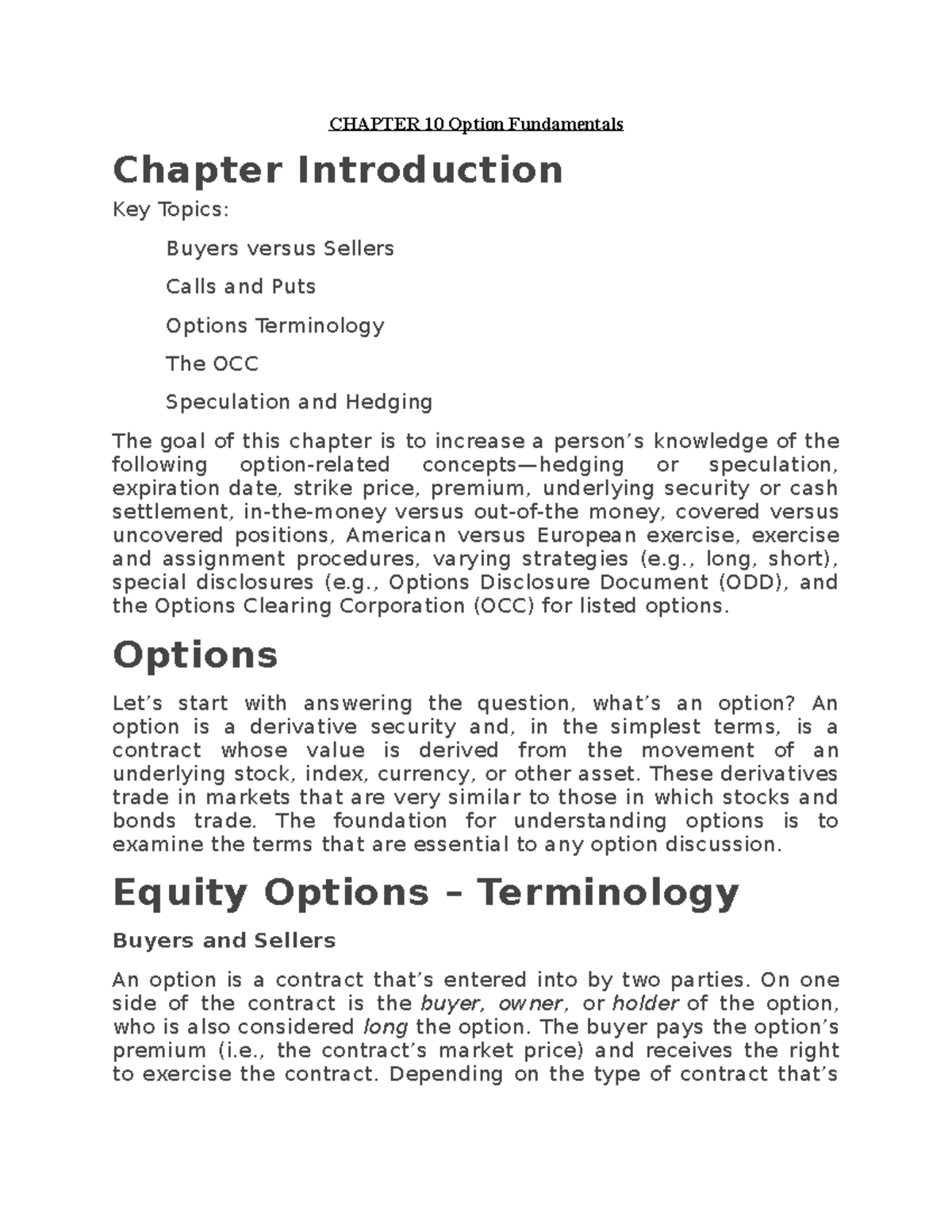 SIE Chapter 10 Option Fundamentals - CHAPTER 10 Option Fundamentals ...