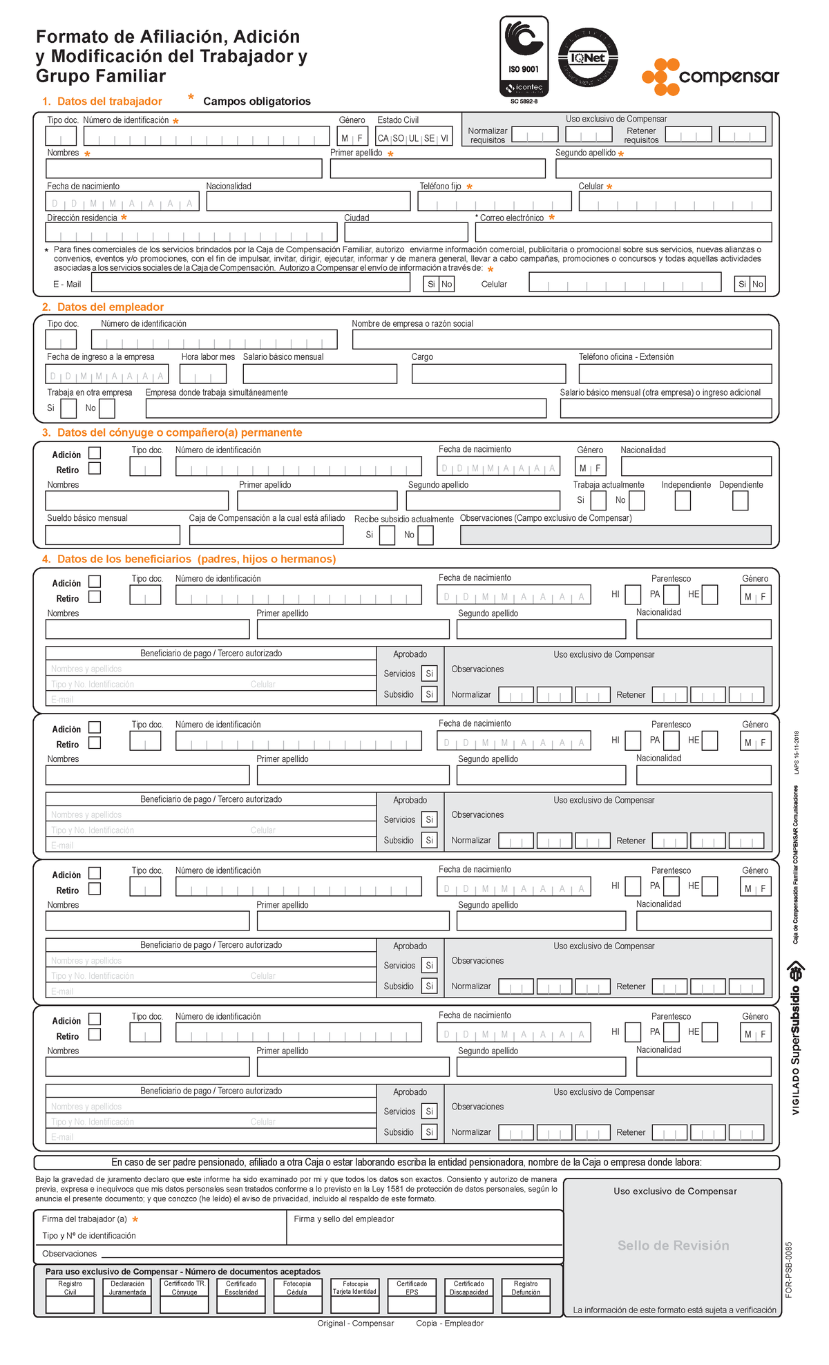 Formulario CCF Compensar - Formato de AfiliaciÛn, AdiciÛny ModificaciÛn ...