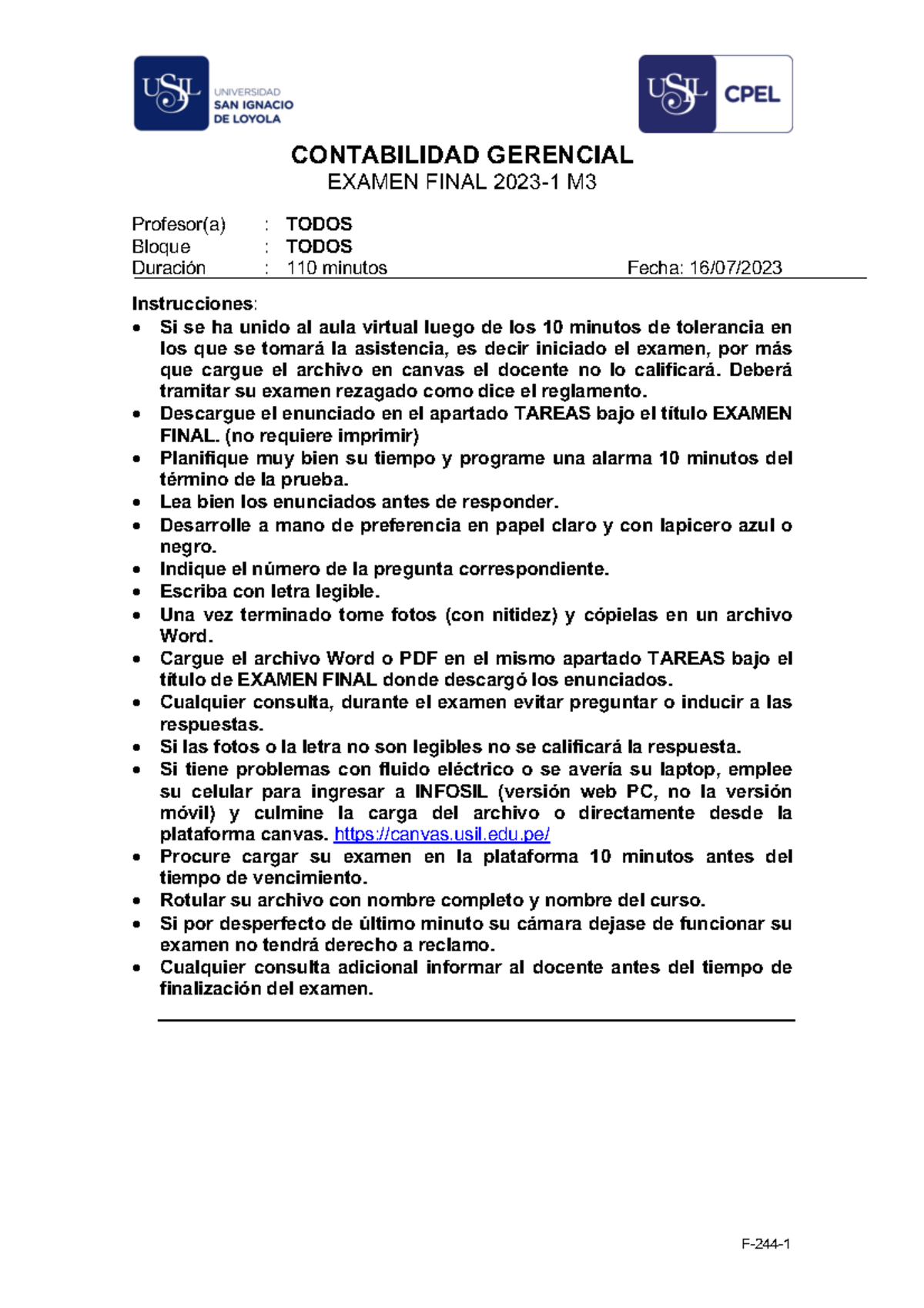 EF Contabilidad Gerencial 2023-1 M3 M.P. - CONTABILIDAD GERENCIAL EXAMEN FINAL 2023-1 M Profesor ...