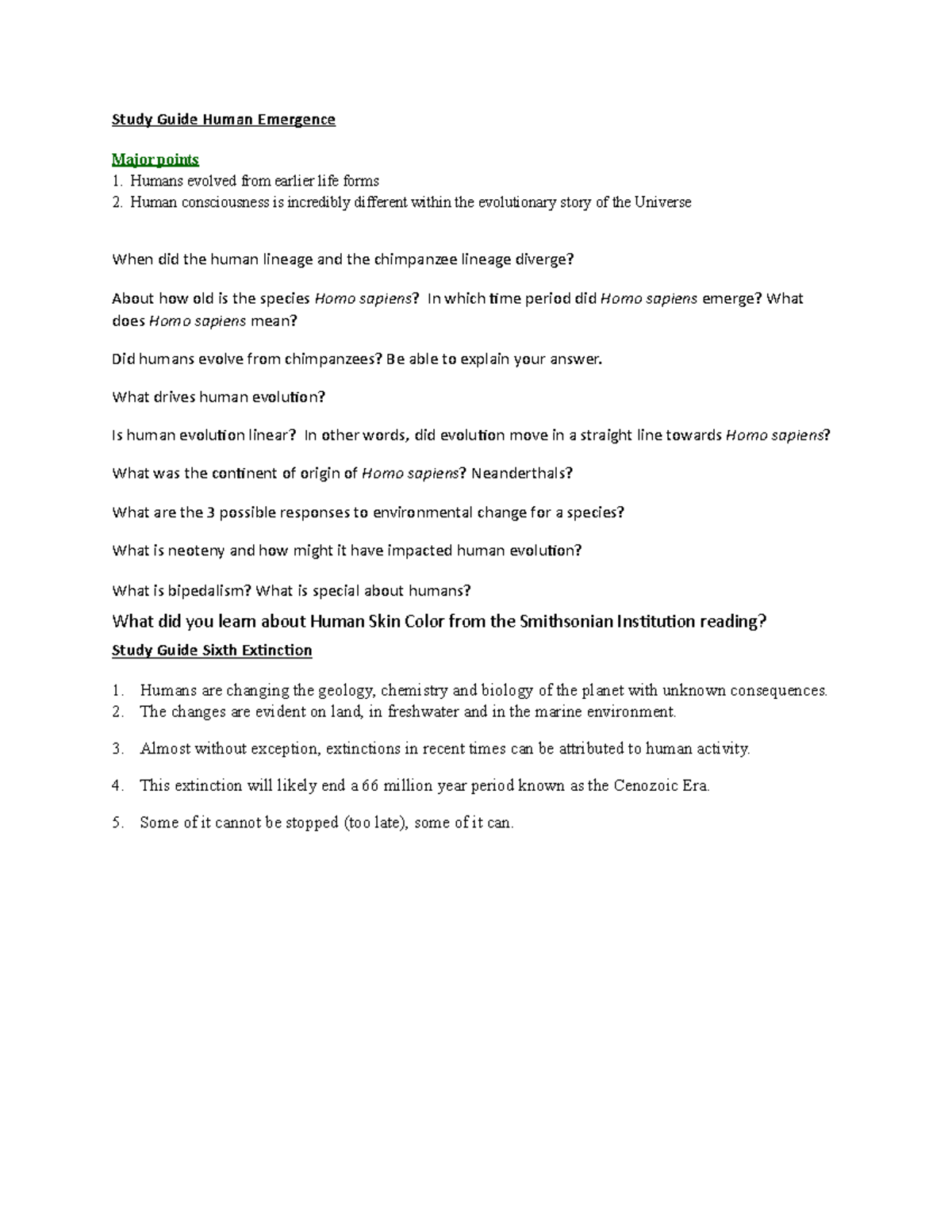 Study Questions Human Emergence - Study Guide Human Emergence Major ...