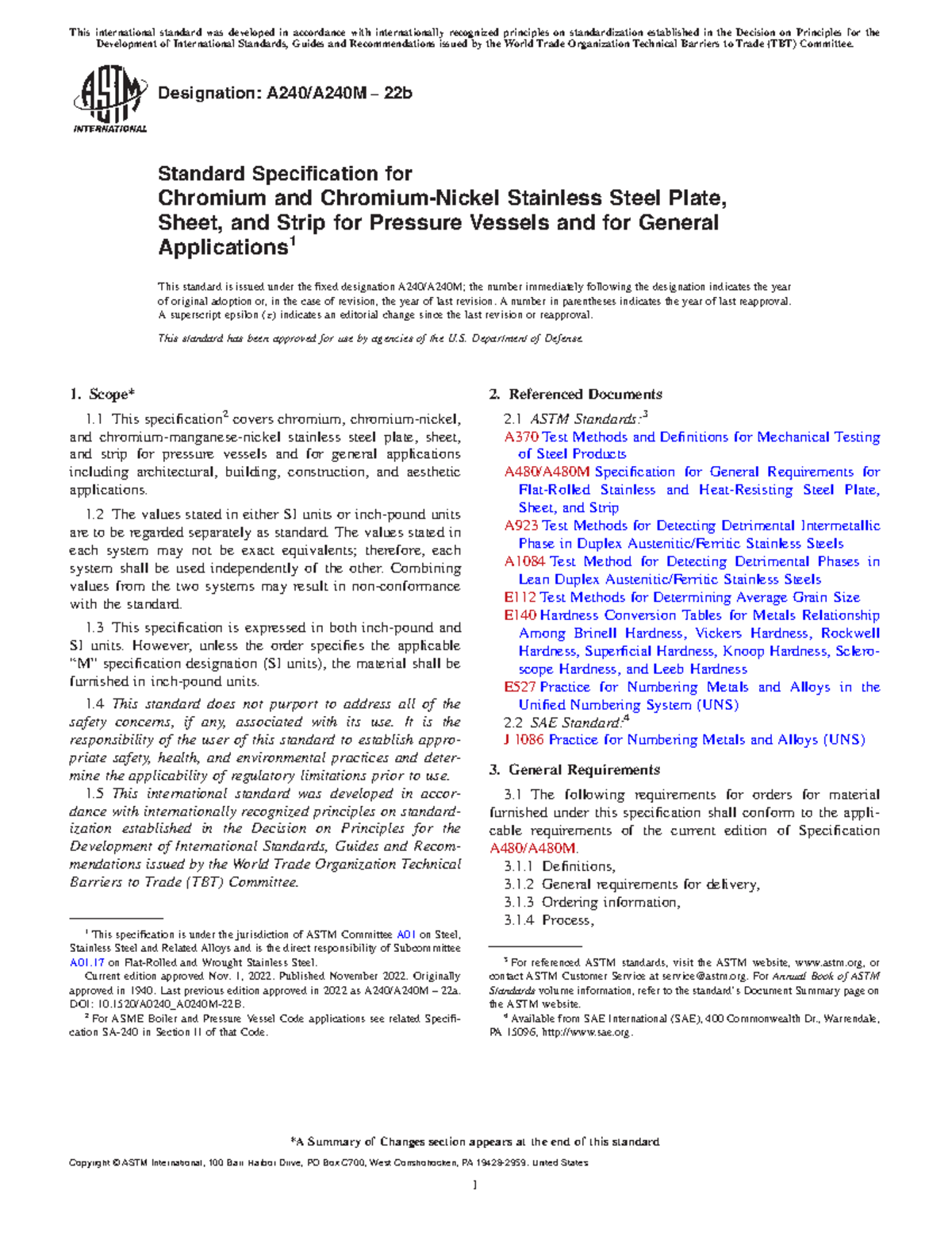 ASTM A240 - A240M - 22b - Designation: A240/A240M − 22b Standard Specification for Chromium and ...