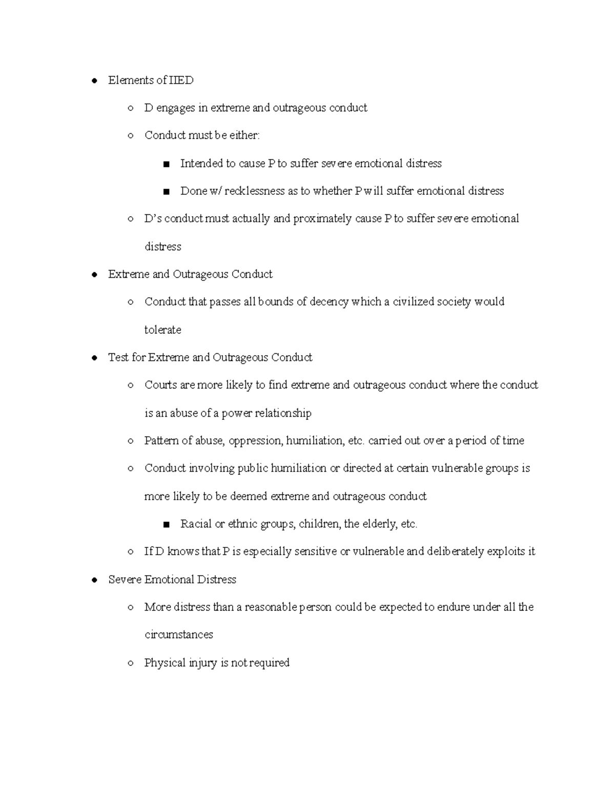 Torts- IIED - Professor John White - Elements of IIED D engages in ...