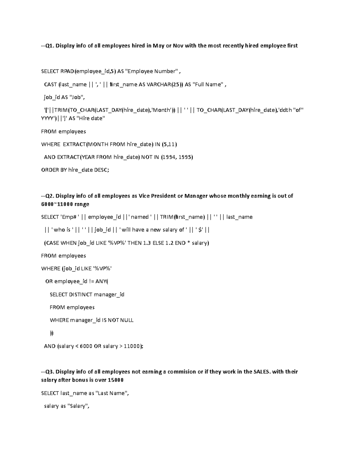DBS 301 LAB 01 - DBS 301 LAB 01 -Q1. Display info of all employees ...