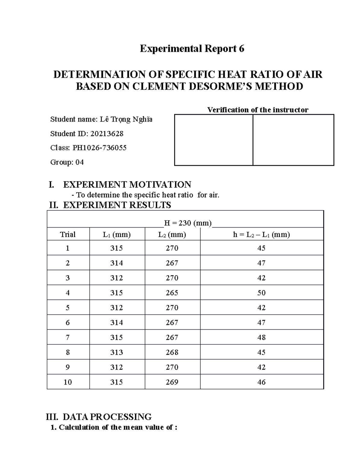 Bài 6 - Báo cáo thí nghiệm bài 6 - Experimental Report 6 DETERMINATION ...