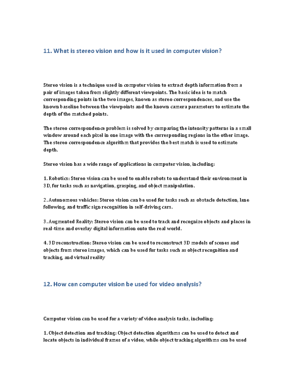 Computer vision 4 - 11. What is stereo vision and how is it used in computer vision? Stereo ...