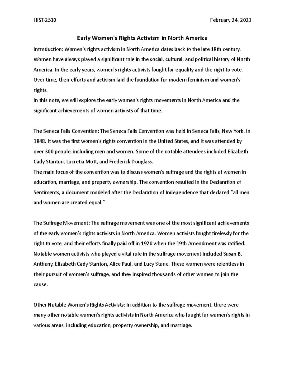 Early Women's Rights Activism in North America - HIST-2510 February 24 ...