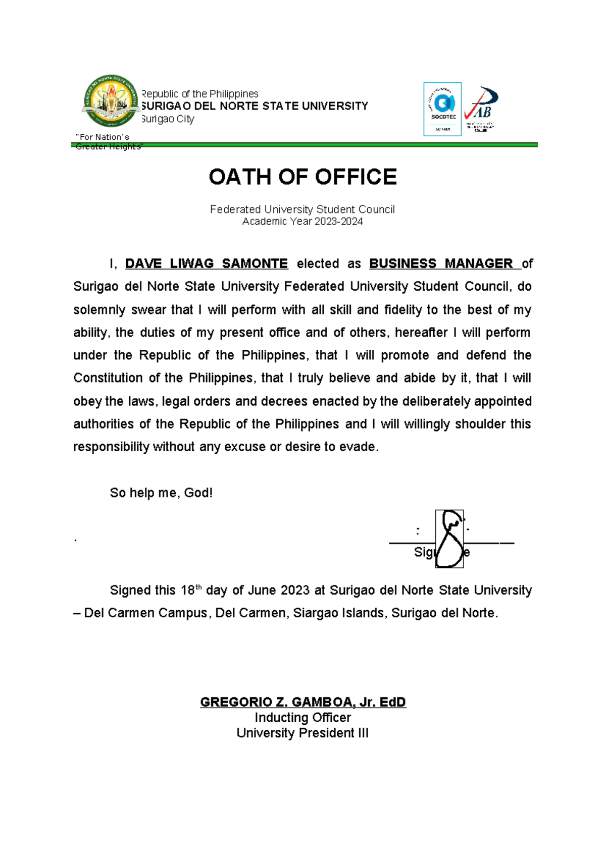 USC dave - OATH OF OFFICE Federated University Student Council Academic ...