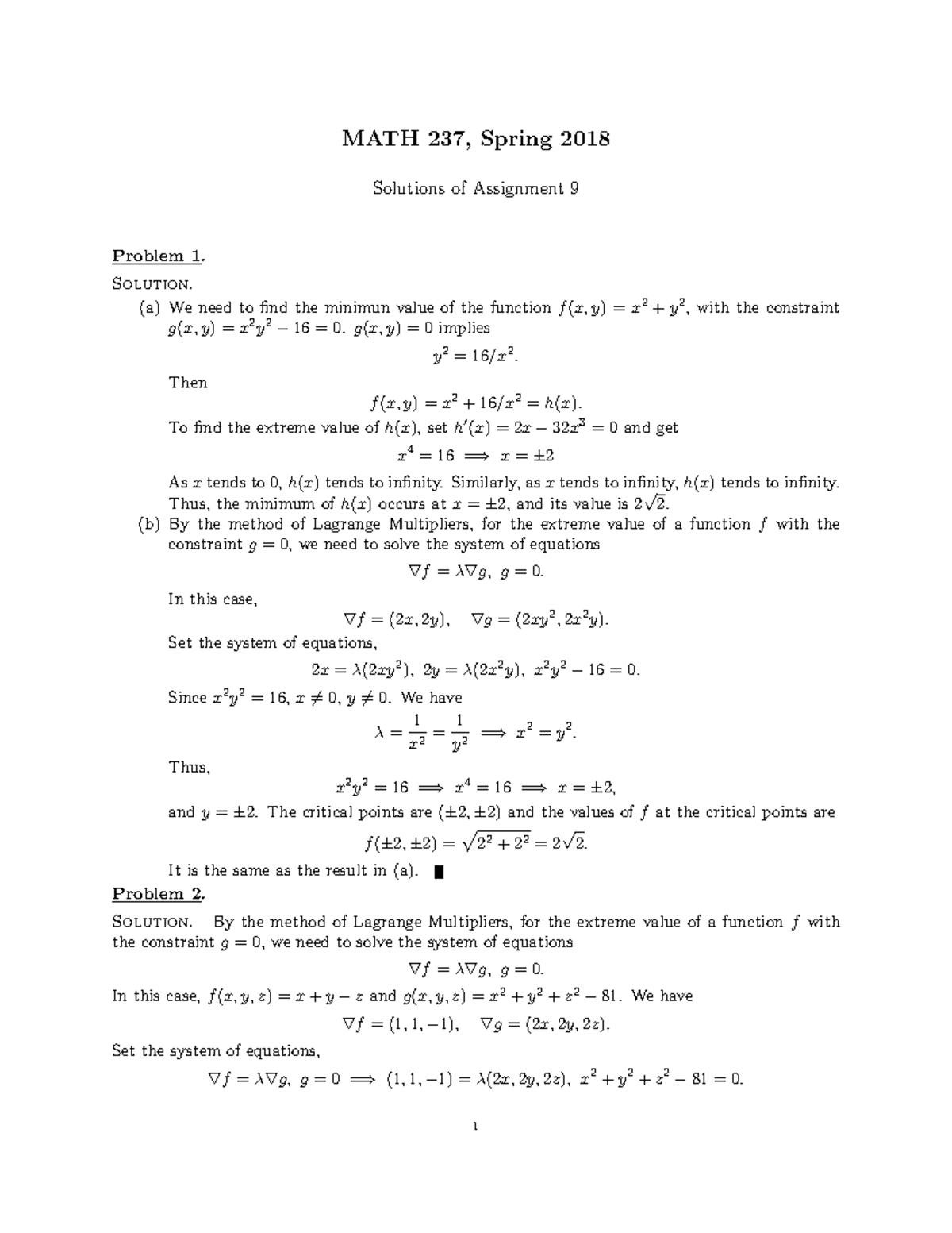 Math237-sol09 - Assignment Solution - MATH 237, Spring 2018 Solutions ...