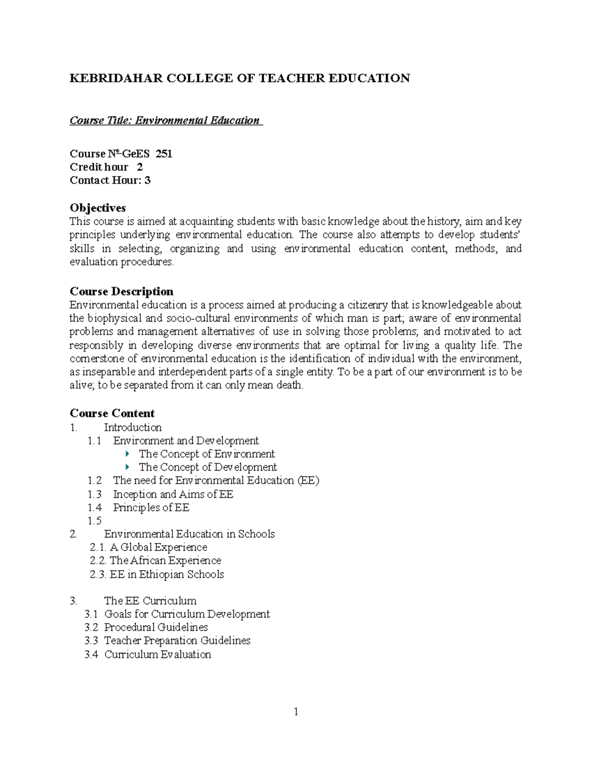 Social Course Title Environmental Education - KEBRIDAHAR COLLEGE OF ...
