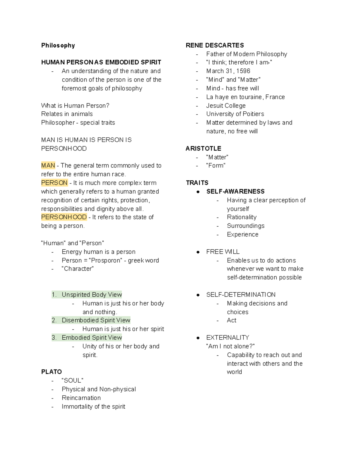 Philosophy - lecture notes - Philosophy HUMAN PERSON AS EMBODIED SPIRIT ...