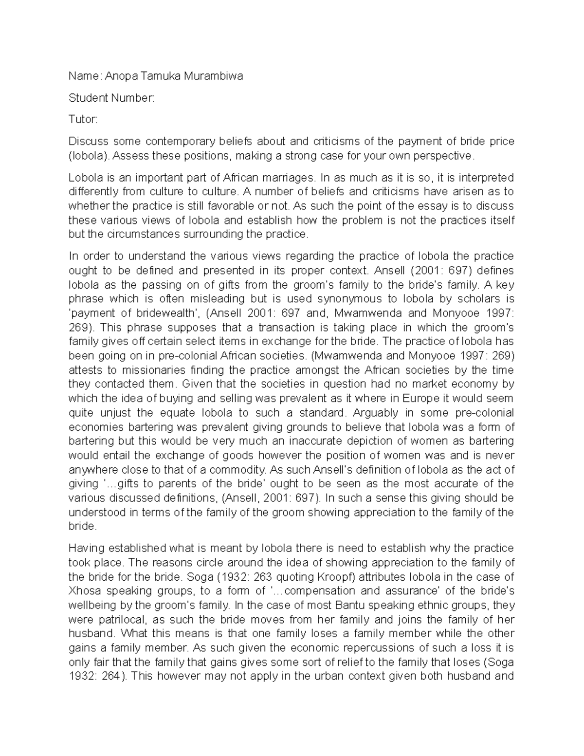 Anthropology term 3 Essay - Name: Anopa Tamuka Murambiwa Student Number ...