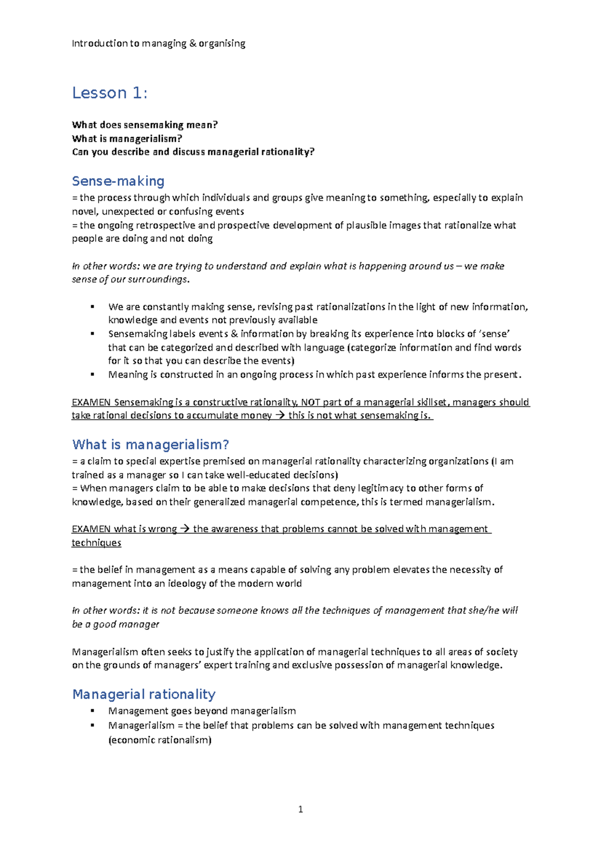 Summary exam - Lesson 1: What does sensemaking mean? What is ...