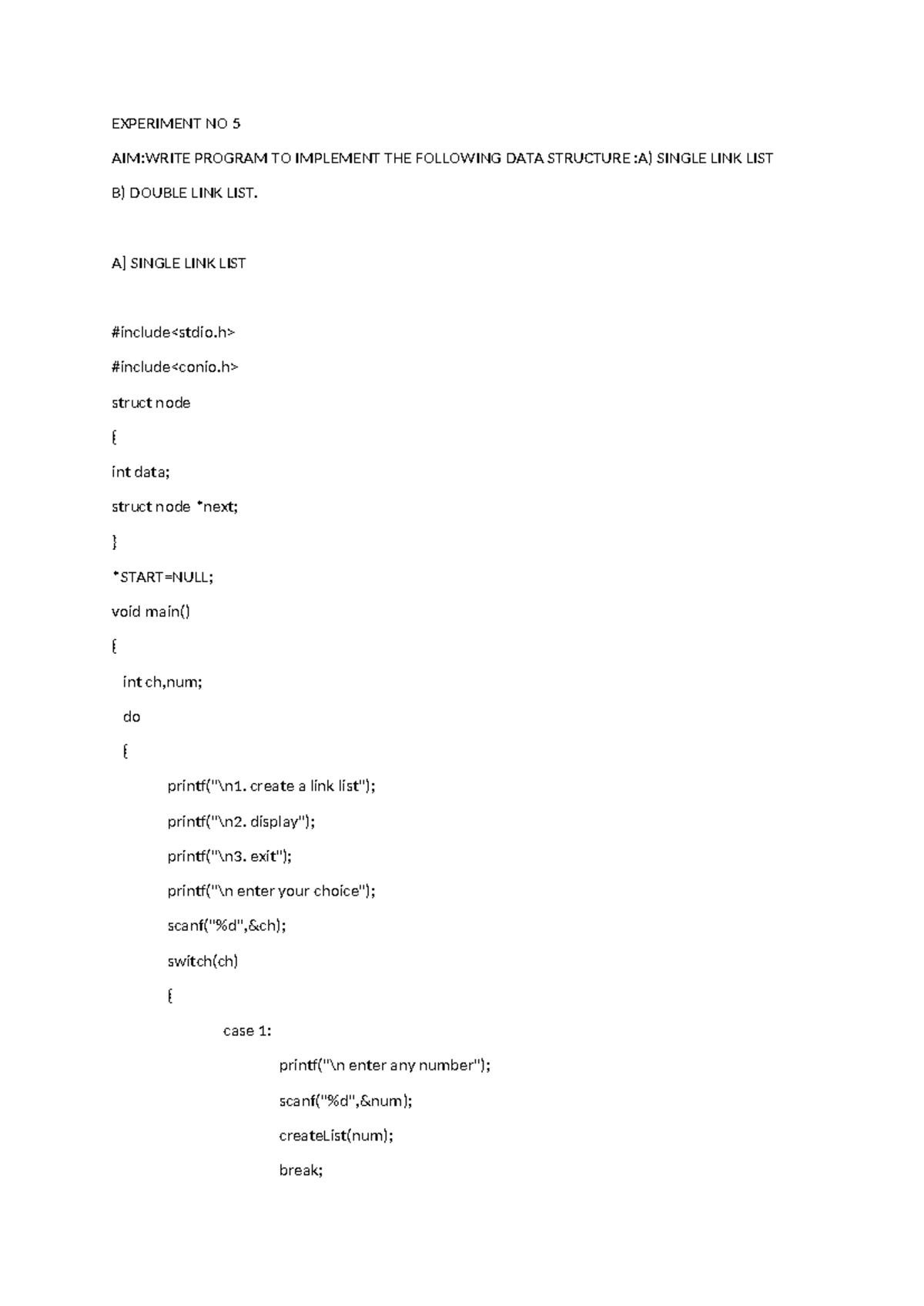 Experiment no 5 - EXPERIMENT NO 5 AIM:WRITE PROGRAM TO IMPLEMENT THE FOLLOWING DATA STRUCTURE :A ...