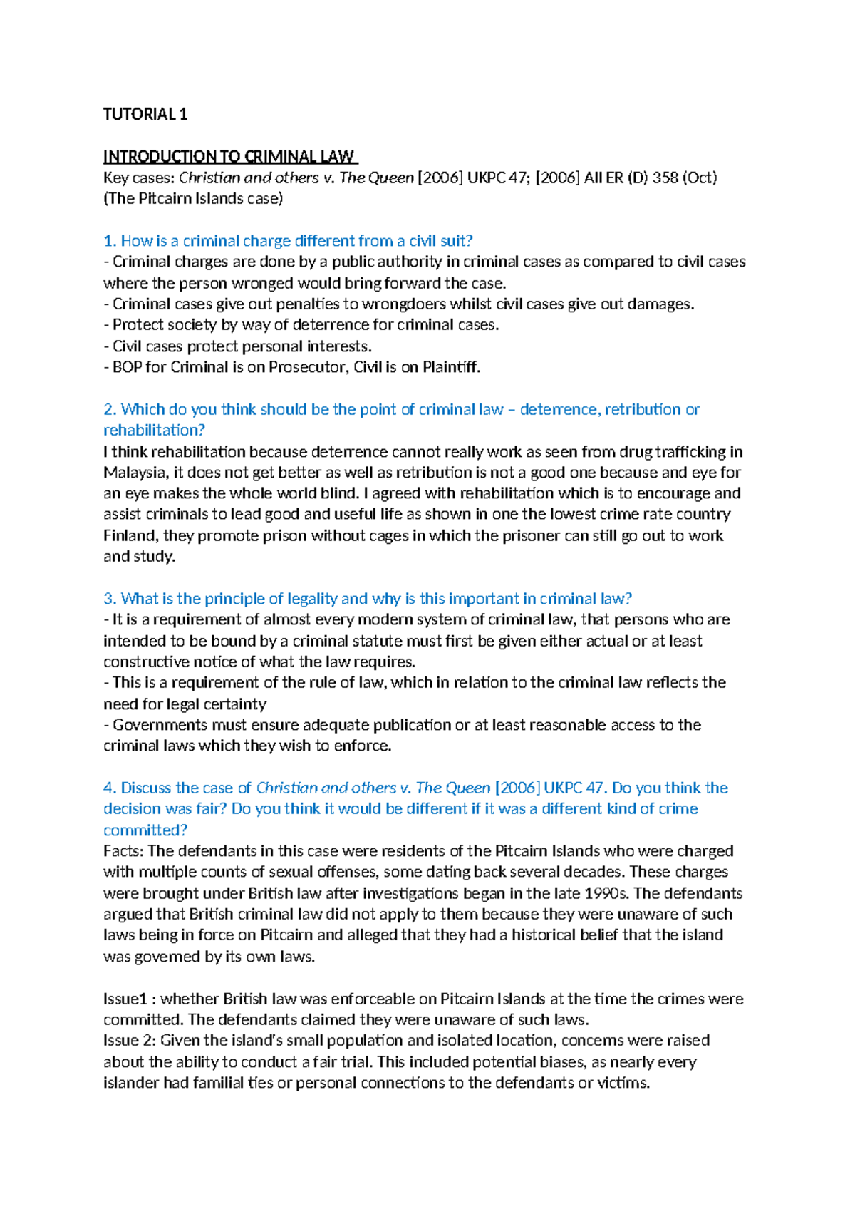 Tutorial 1 Elements Of Crime 1 Actus Reus Tutorial 1 Introduction To Criminal Law Key Cases