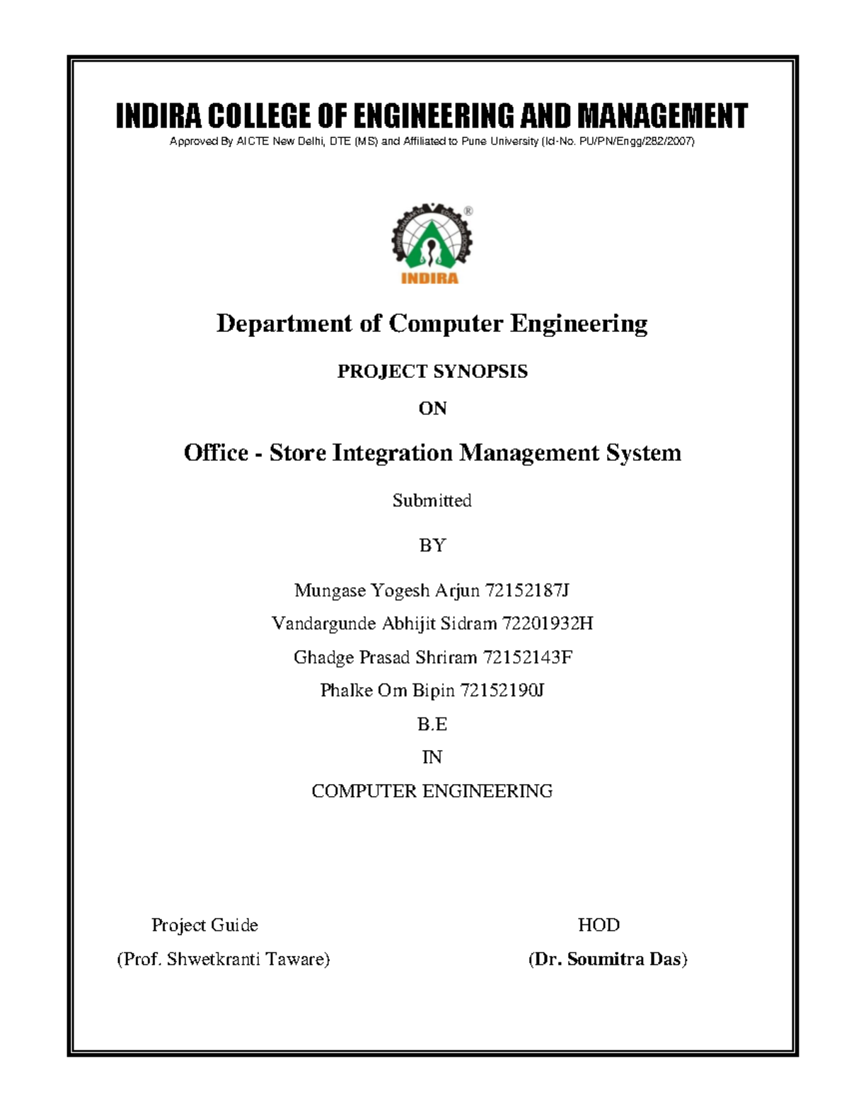 Synopsis Format final - Department of Computer Engineering PROJECT SYNOPSIS ON Office - Store ...