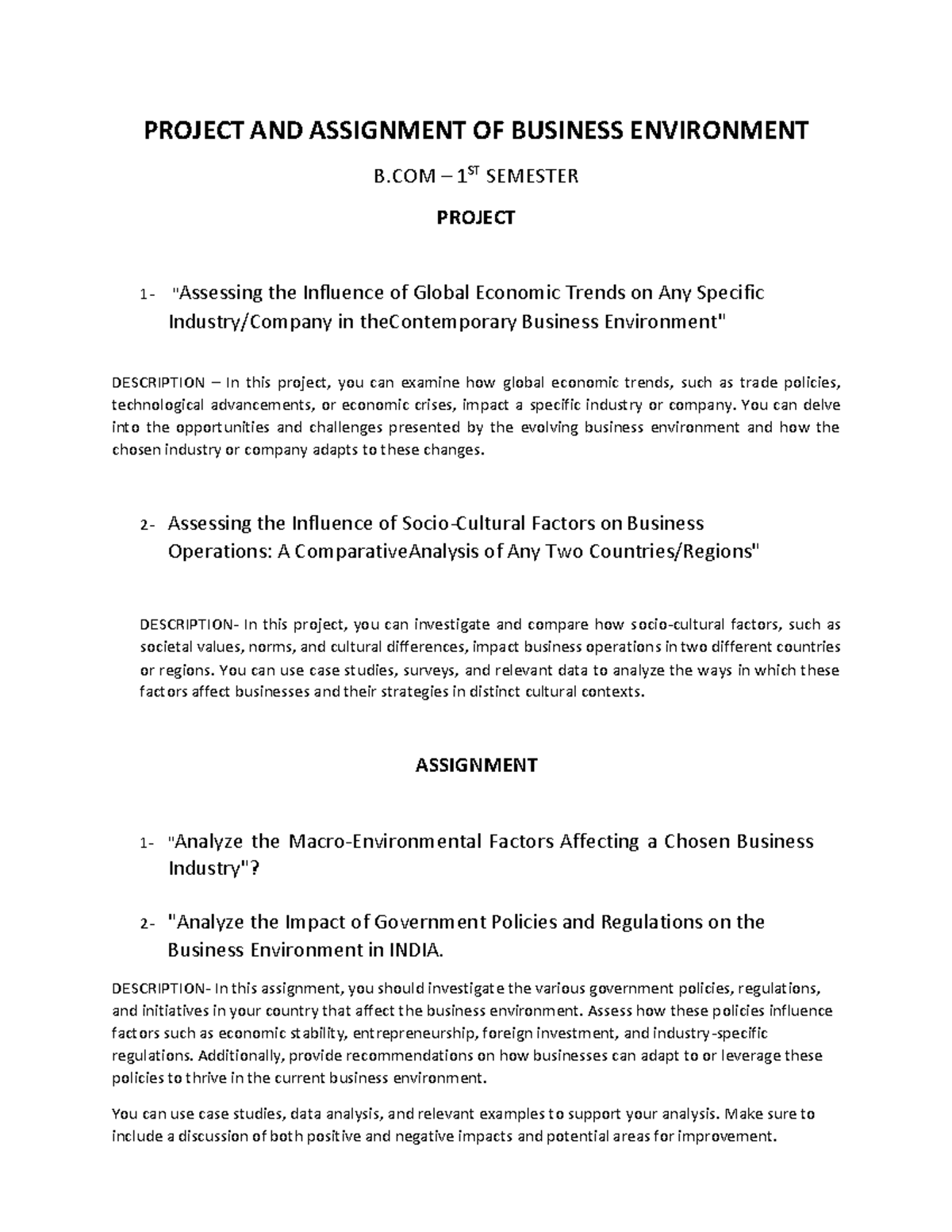 Business Environment Project 11-1 - PROJECT AND ASSIGNMENT OF BUSINESS ...
