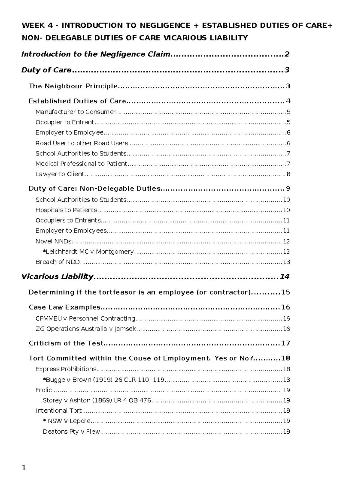 Week 4 Summary Introduction TO Negligence - WEEK 4 - INTRODUCTION TO NEGLIGENCE + ESTABLISHED ...