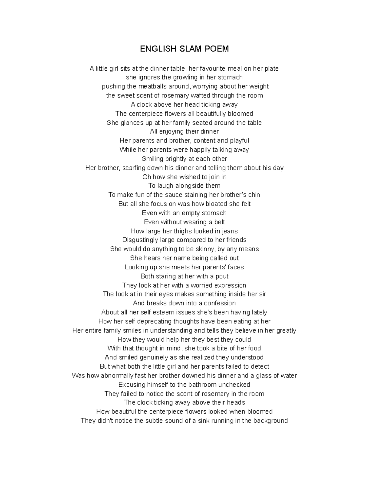 English Slam Poem ENGLISH SLAM POEM A Little Girl Sits At The Dinner