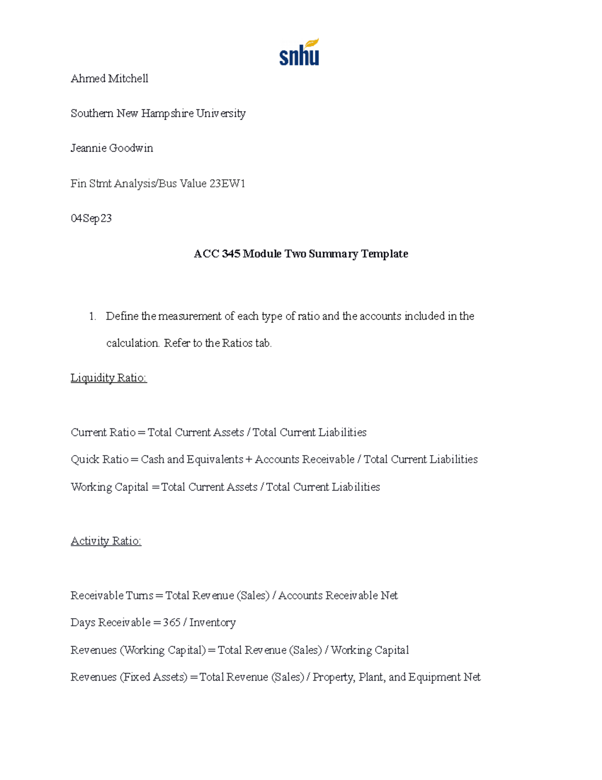 ACC 345 Module Two Summary Template - Ahmed Mitchell Southern New ...