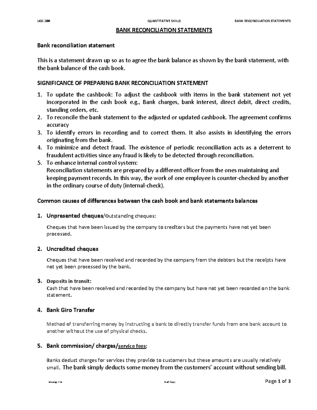 Bank reconciliation statements - UCC 200 QUANTITATIVE SKILLS BANK ...