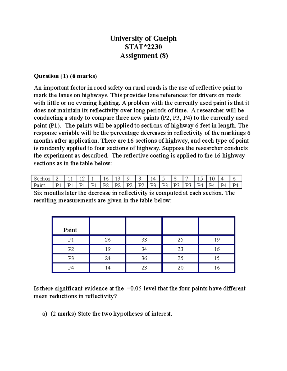 Lab Assignment 8 solutions - University of Guelph STAT* Assignment (8) Question (1) (6 marks) An ...