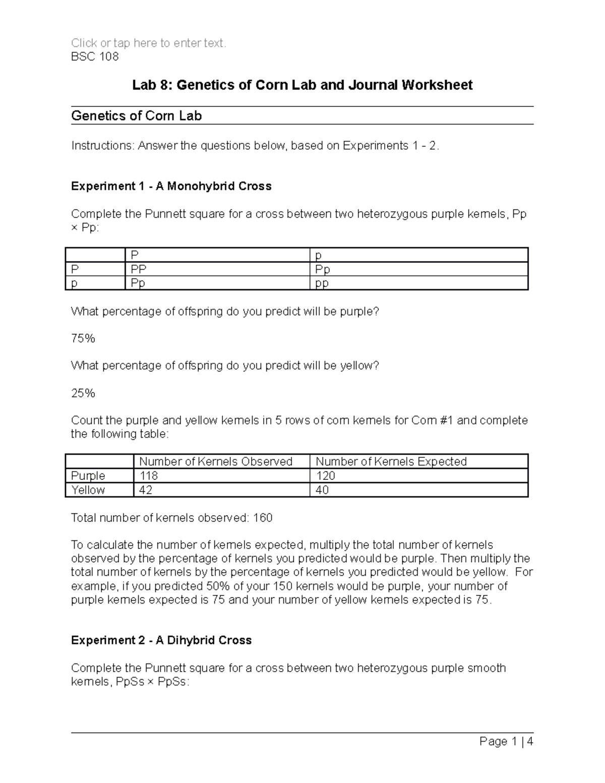 Lab 8 Genetics of corn lab and journal - BSC 108 Lab 8: Genetics of ...