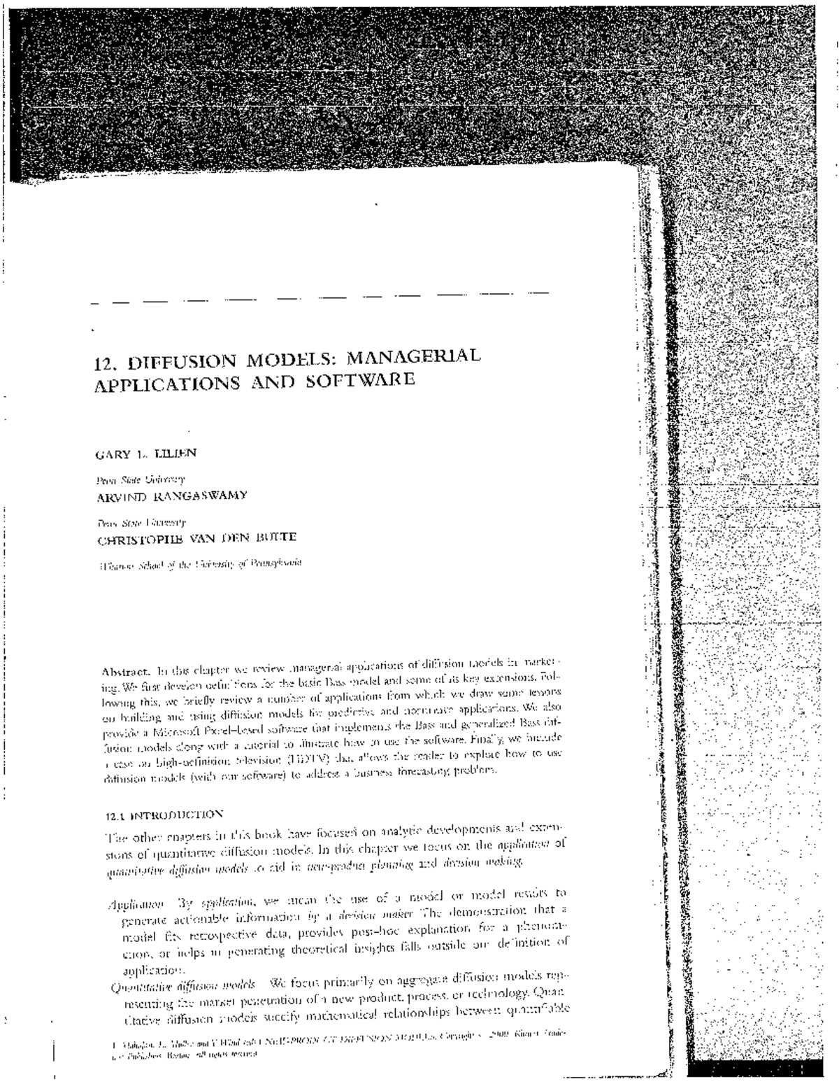 Lilien et al Diffusion Models Managerial Applications - 12. DIFFUSION MODELS: MANAGERIAL - Studocu