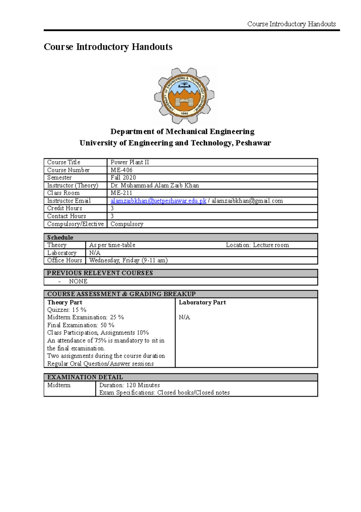 Course Introductory Handouts (Power Plant II) - Course Introductory ...