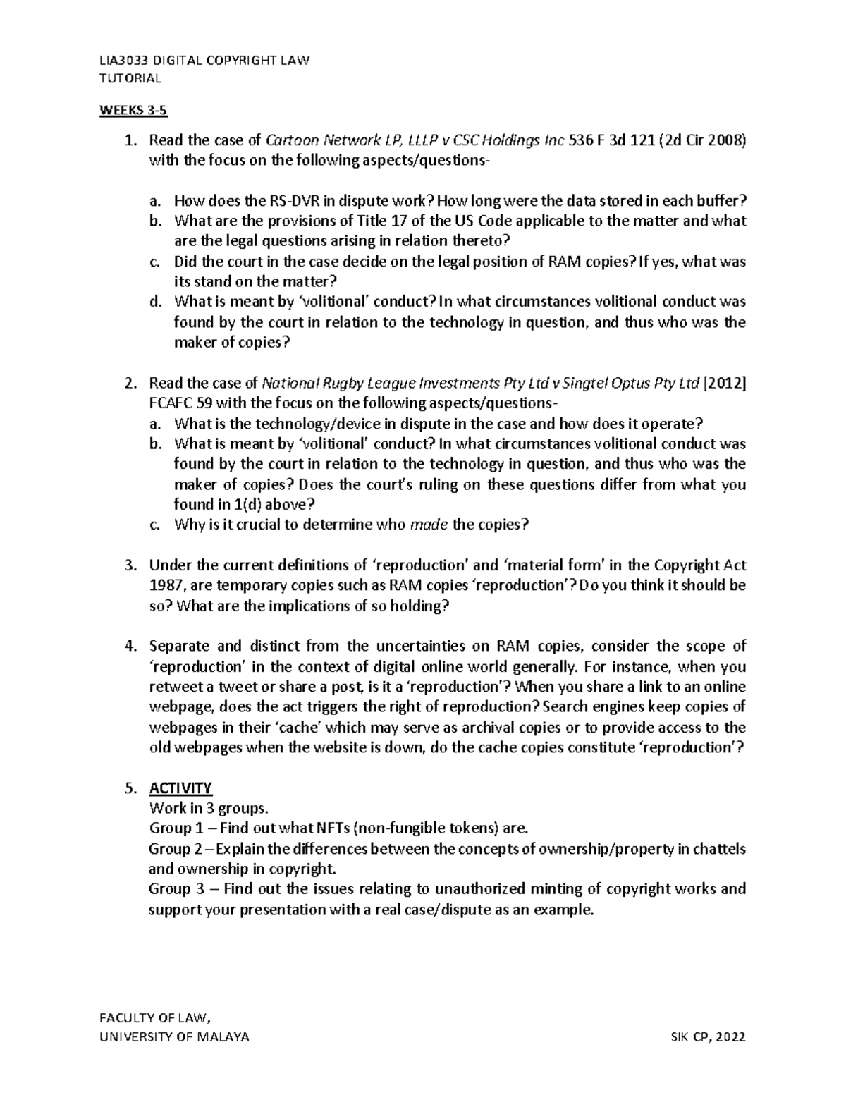 Tutorial Questions - Relevant cases and information required for taking ...
