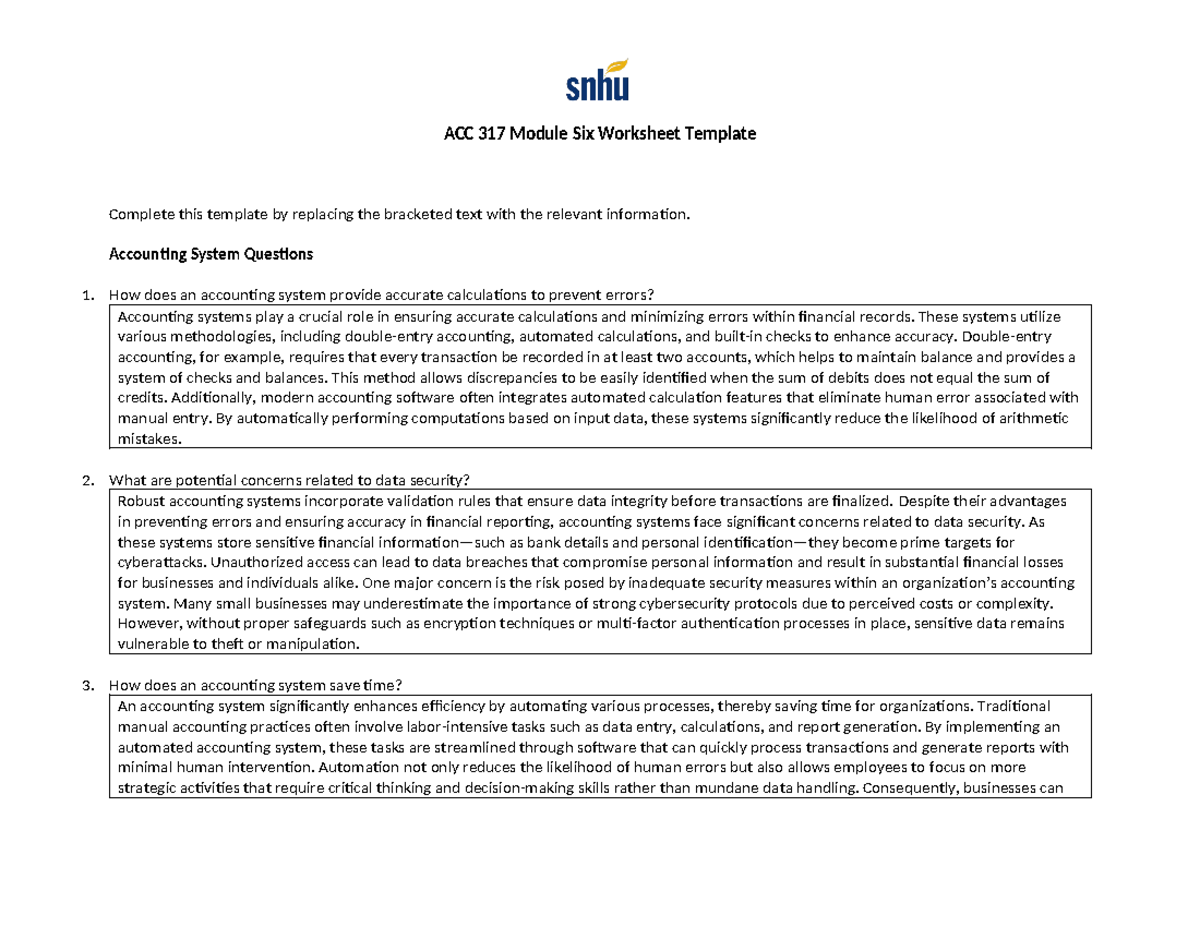 ACC 317 Module Six Worksheet - Accounting System Questions How does an ...