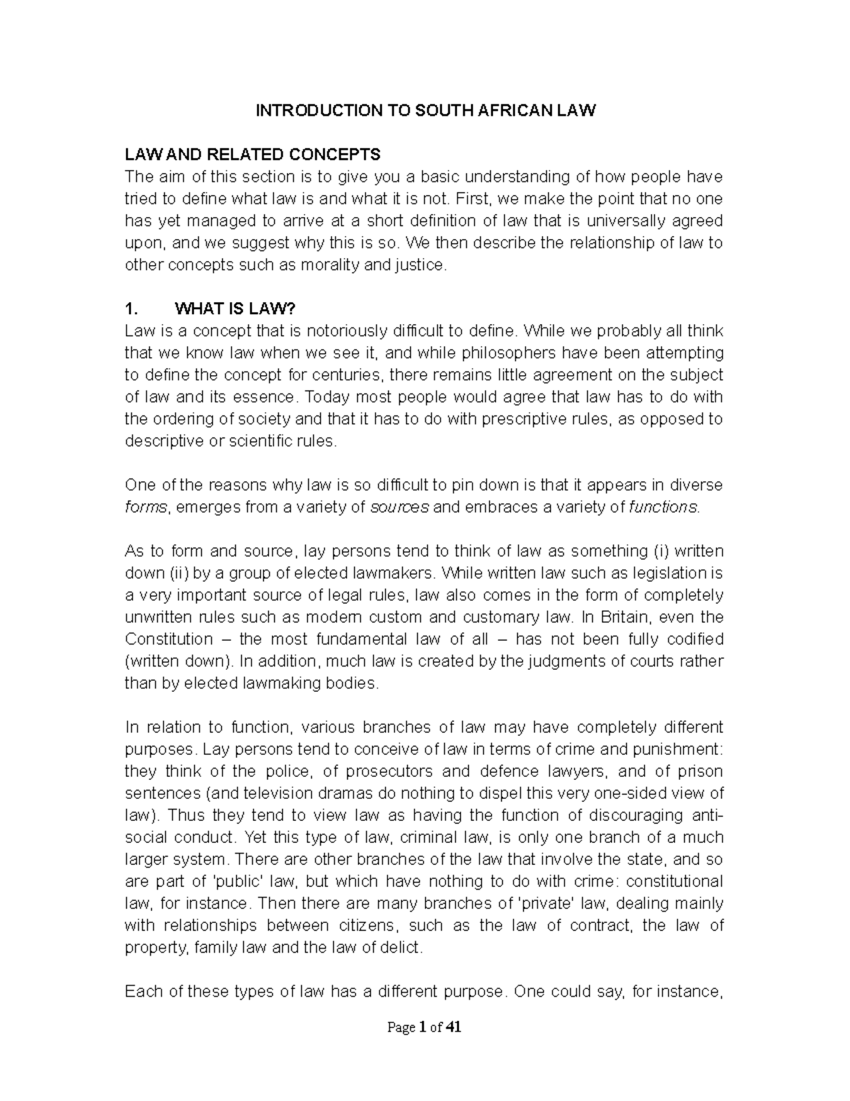 Handout Introduction TO SA LAW - INTRODUCTION TO SOUTH AFRICAN LAW LAW ...