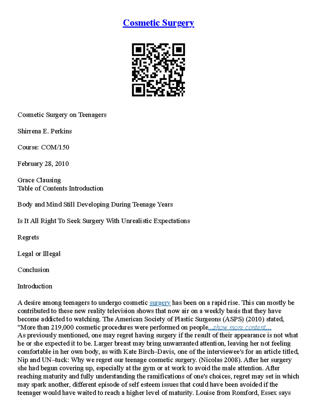 Www Essay Writing Com - Cosmetic Surgery Cosmetic Surgery on Teenagers ...