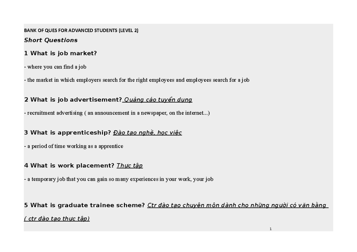 BANK OF SHORT QUES FOR ADVANCED STUDENTS - BANK OF QUES FOR ADVANCED ...