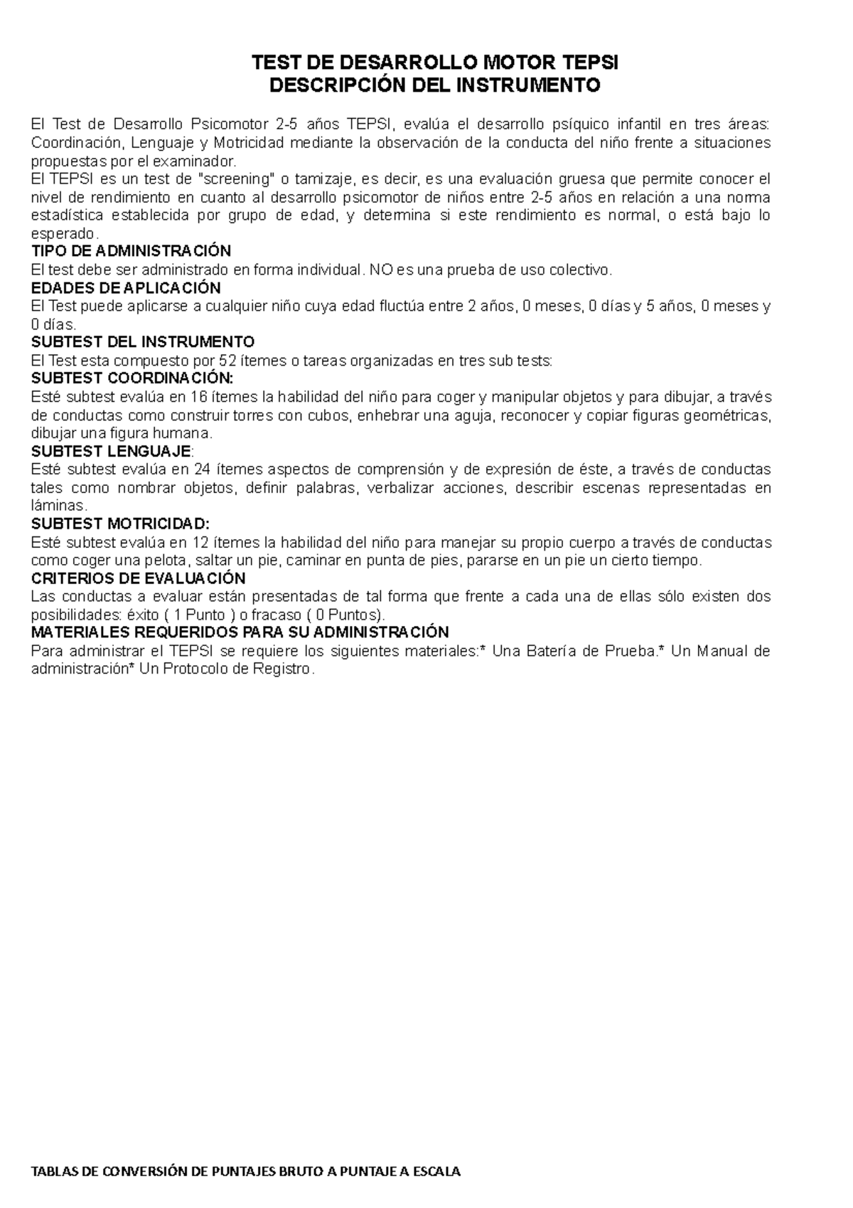 TEST DE Desarrollo Motor Tepsi - TEST DE DESARROLLO MOTOR TEPSI ...