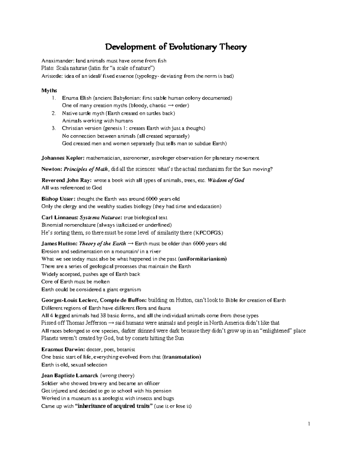 Evolution - Lecture notes 1-5 Development of Evolutionary Theory ...