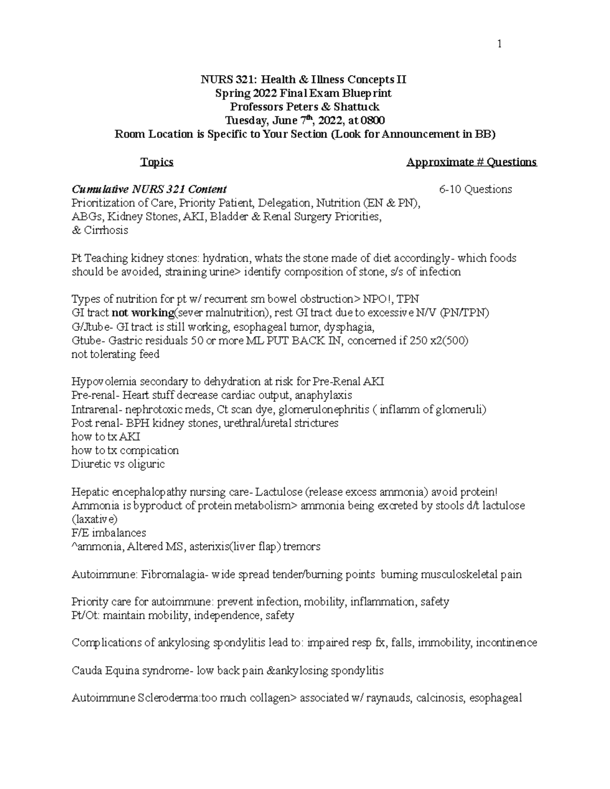 NURS 321 Final Exam Blueprint Spring - NURS 321: Health & Illness ...