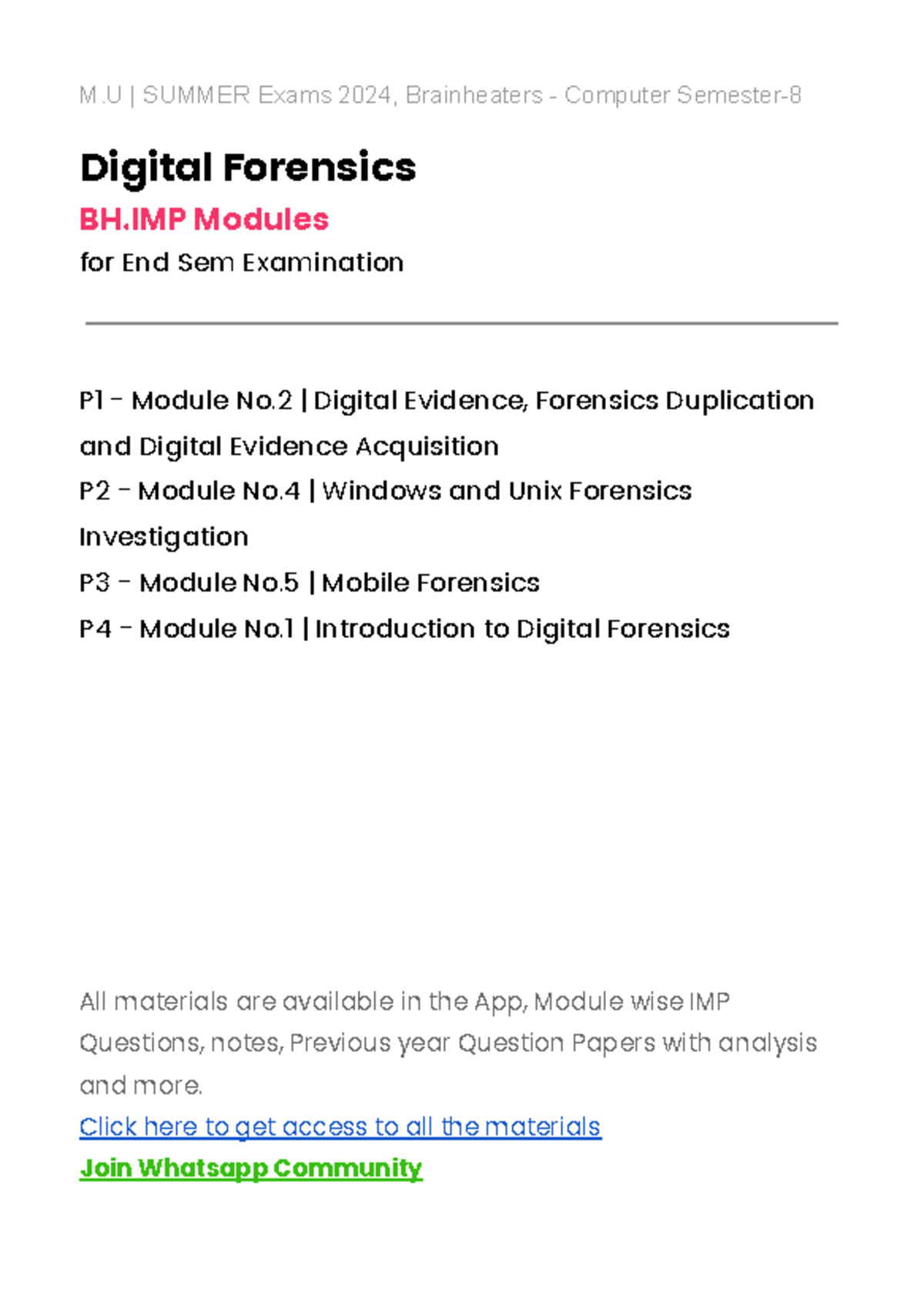 DF Comps Sem8 Module Priority - M | SUMMER Exams 2024, Brainheaters - Computer Semester- Digital ...