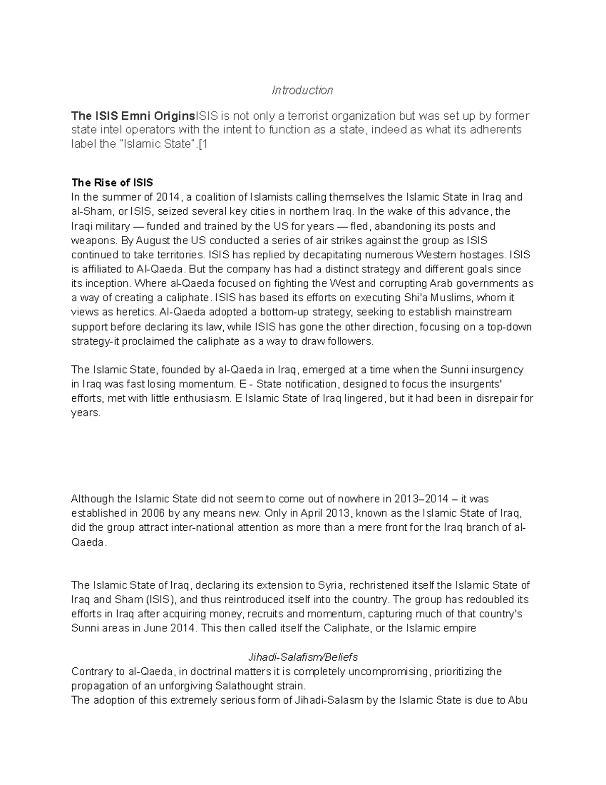 Term paper rough draft - Grade: A- Introduction The ISIS Emni Origins ...