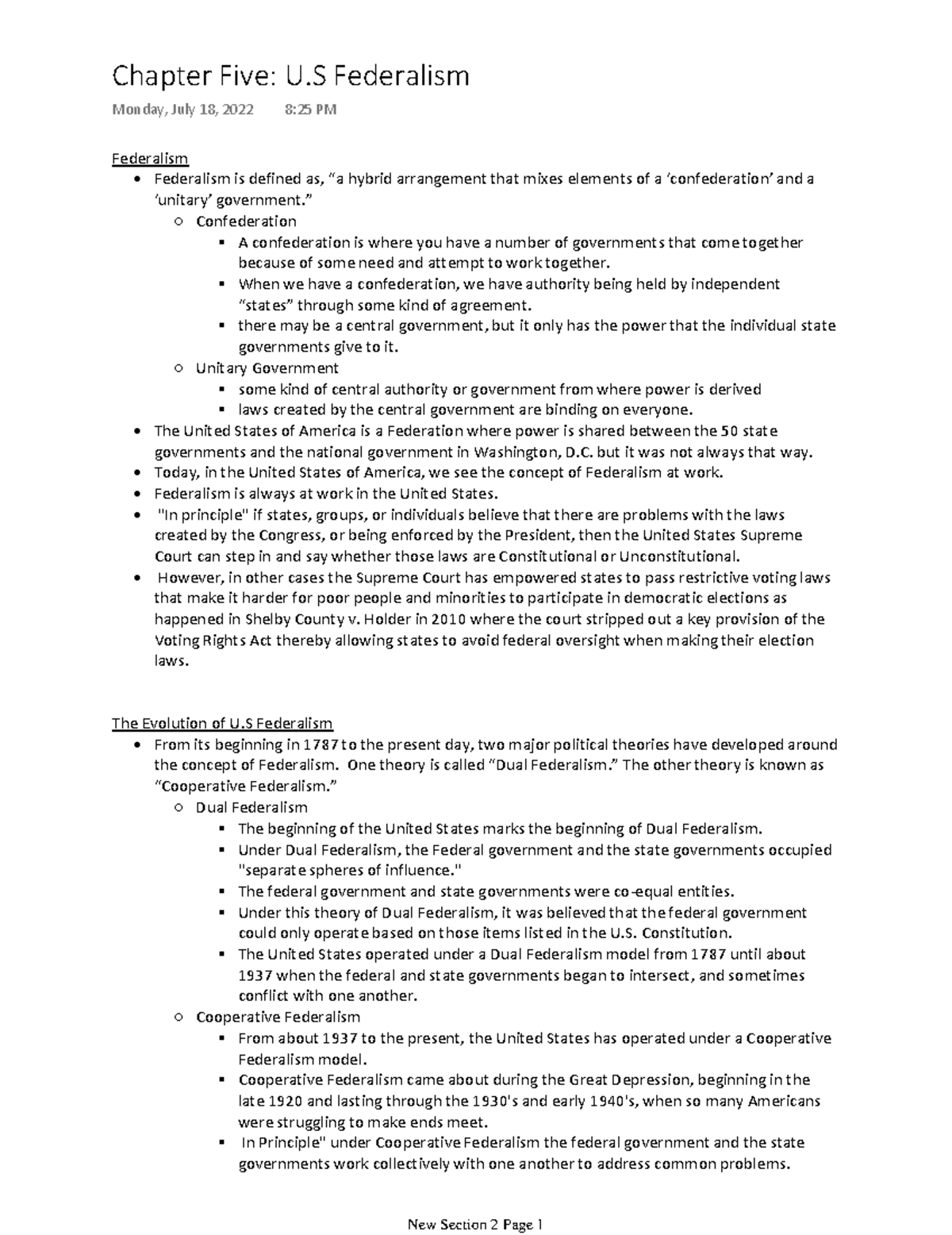 Chapter Five U.S Federalism - Federalism - Federalism is defined as,