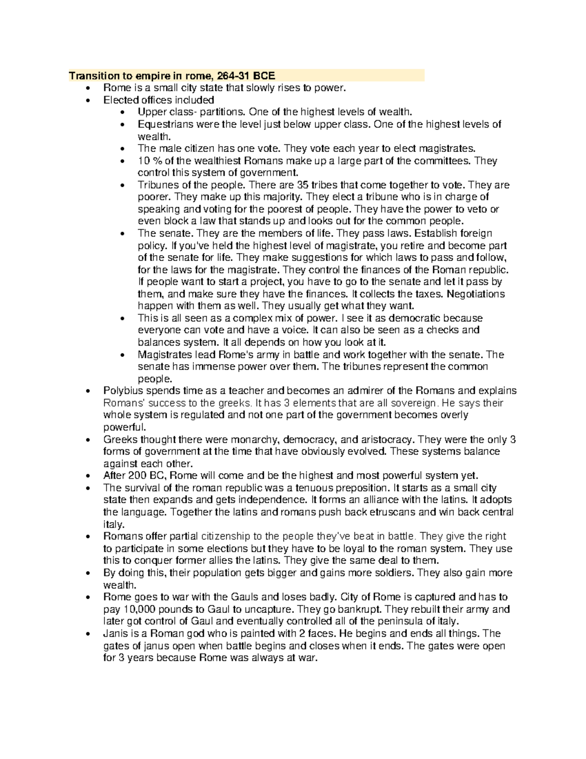 Western civ lecture notes 2 - Transition to empire in rome, 264-31 BCE ...