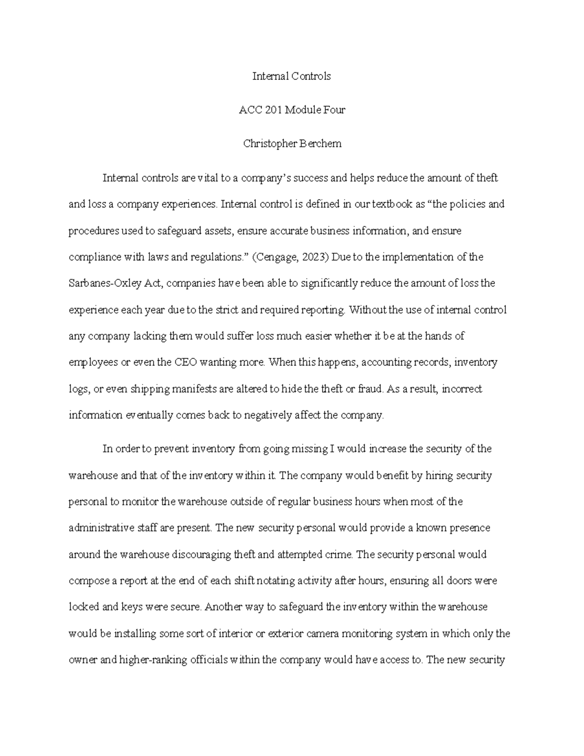ACC 201 Module Four Internal Controls - Internal Controls ACC 201 ...
