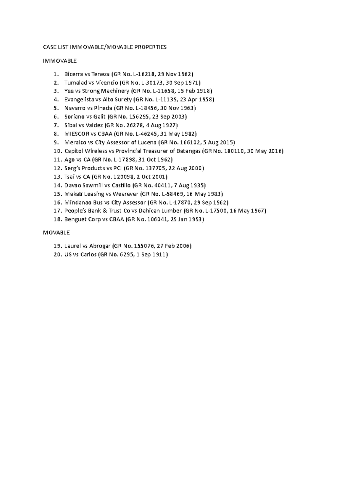 Digested 1 CASE LIST Immovable Movable - CASE LIST IMMOVABLE/MOVABLE ...