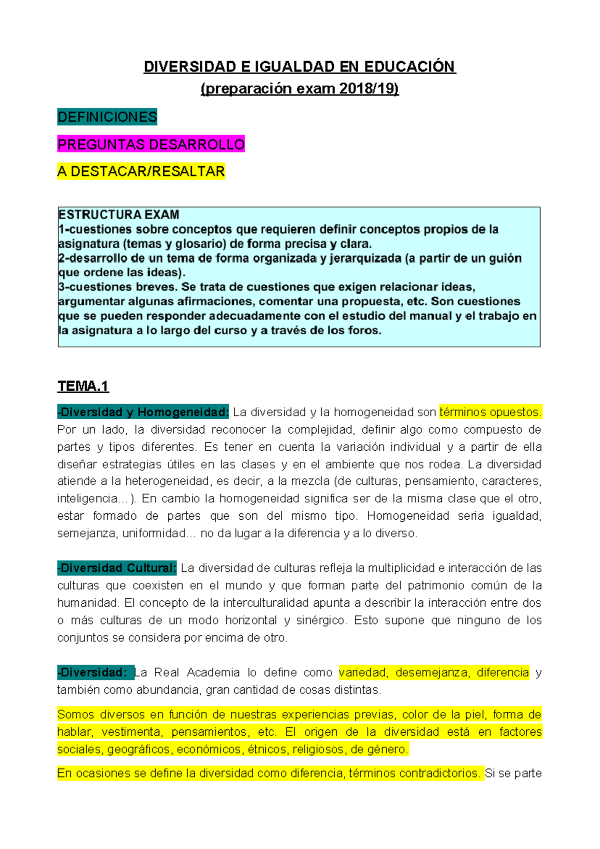 Preparación EXAM Diversidad E Igualdad - DIVERSIDAD E IGUALDAD EN EDUCACIÓN (preparación exam ...