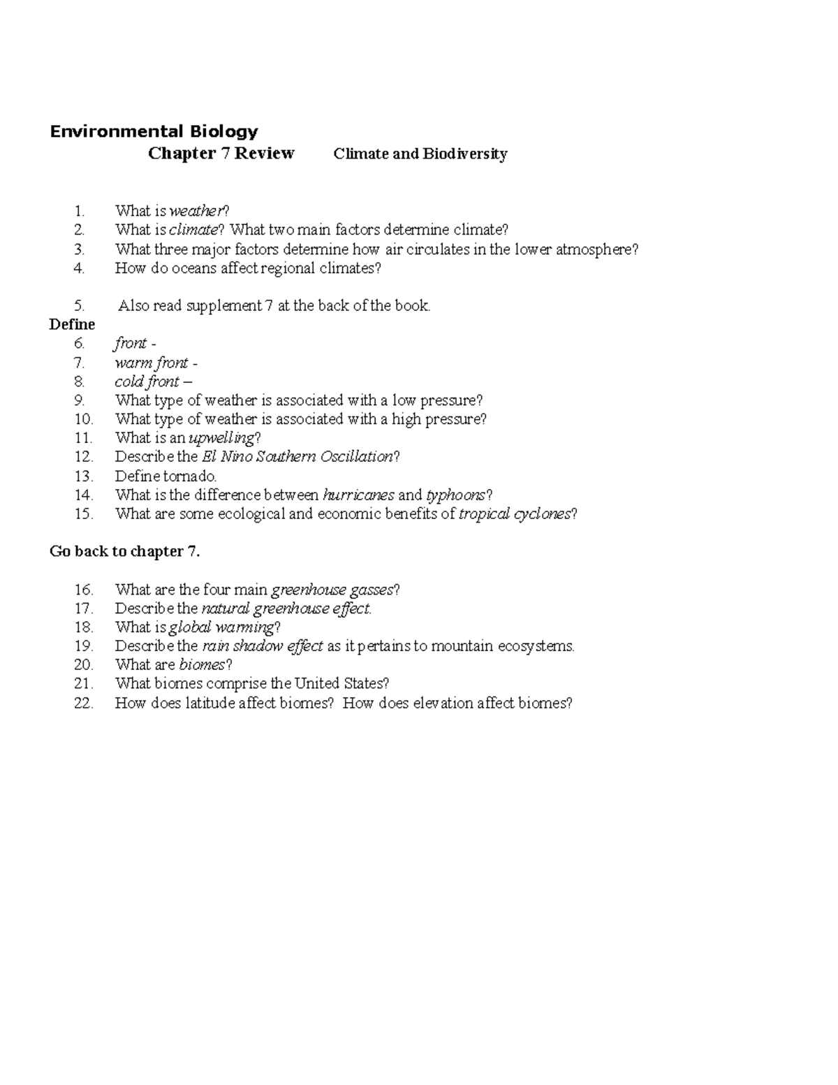 Review chapter 7 2012 - Homework - Environmental Biology Chapter 7 ...
