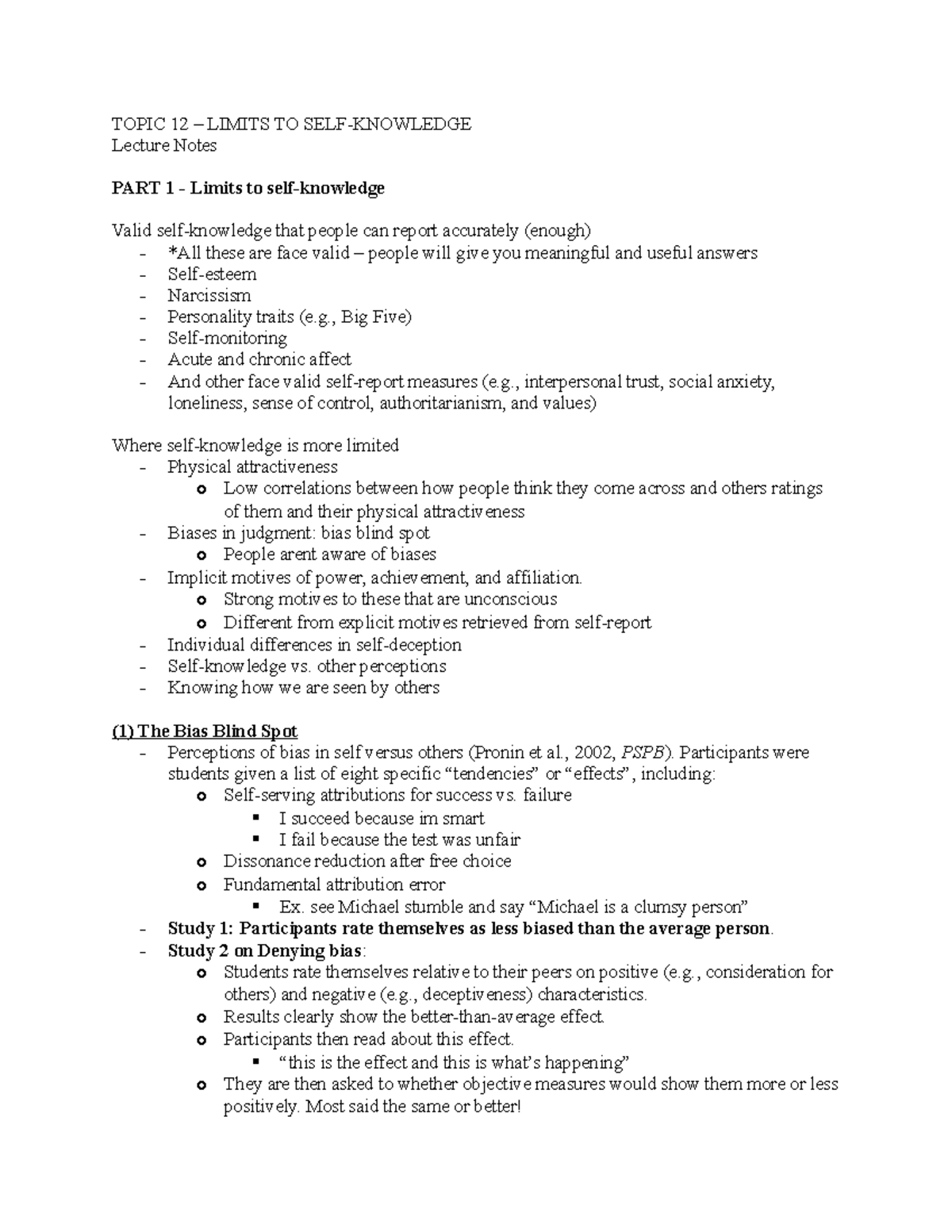 Topic 12 - Lecture Notes - TOPIC 12 – LIMITS TO SELF-KNOWLEDGE Lecture ...
